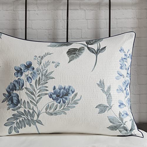Madison Park Zennia Farmhouse Comforter Set with Throw-Blanket, Floral Print on Seersucker Textures, All Season Bedding, Matching Shams, Toss Pillows, Full/Queen(90"x90"), Blue 7 Piece