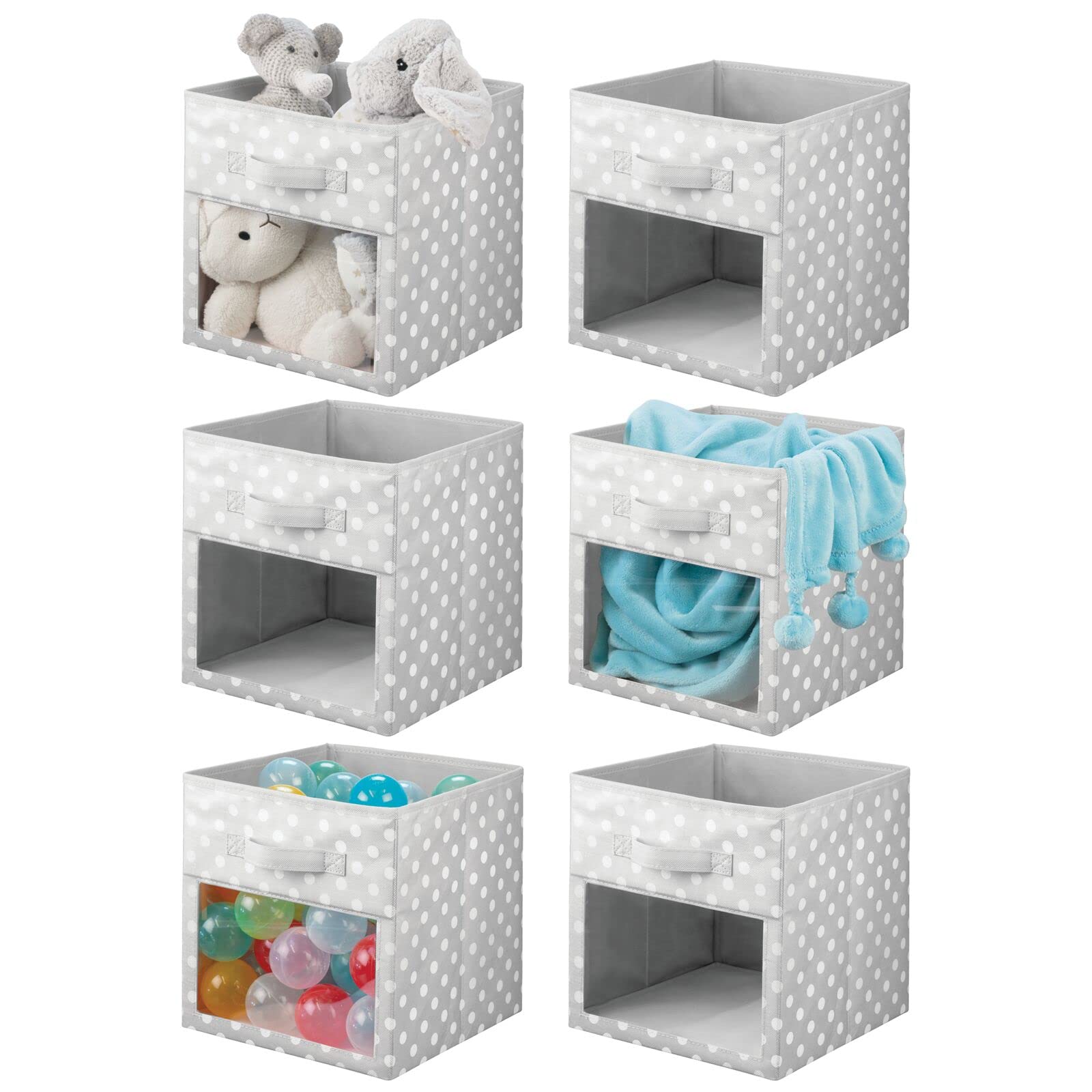 mDesign Fabric Nursery/Playroom Closet Storage Organizer Bin Box, Front Handle/Window for Cube Furniture Shelving Unit, Hold Toys, Clothes, Diapers, Bibs, Lido Collection, 6 Pack, Gray/White Polka Dot