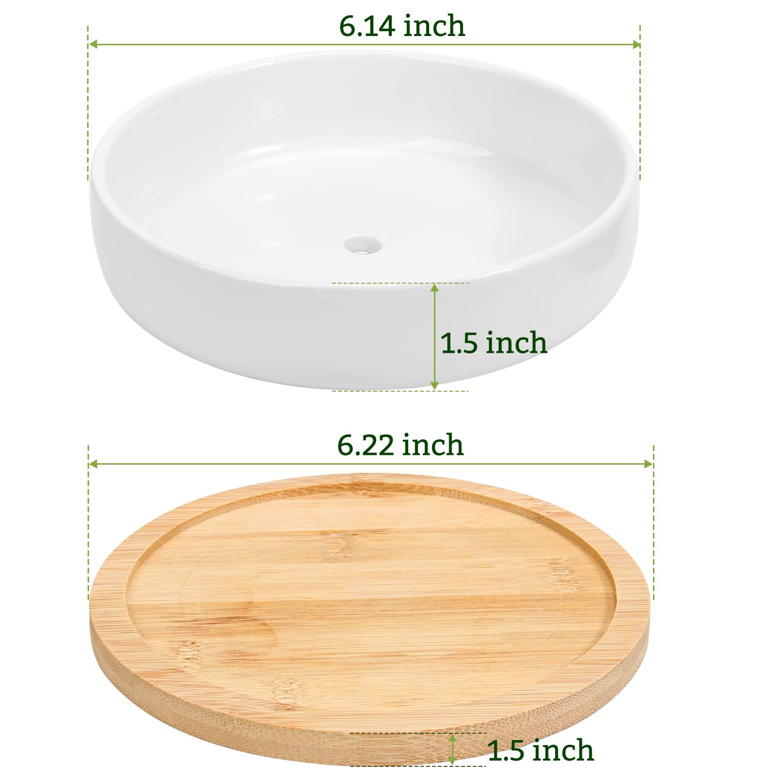 ZOUTOG Succulent Pots, 6 inch White Ceramic Flower Planter Pot with Bamboo Tray, Pack of 2 - Plants Not Included