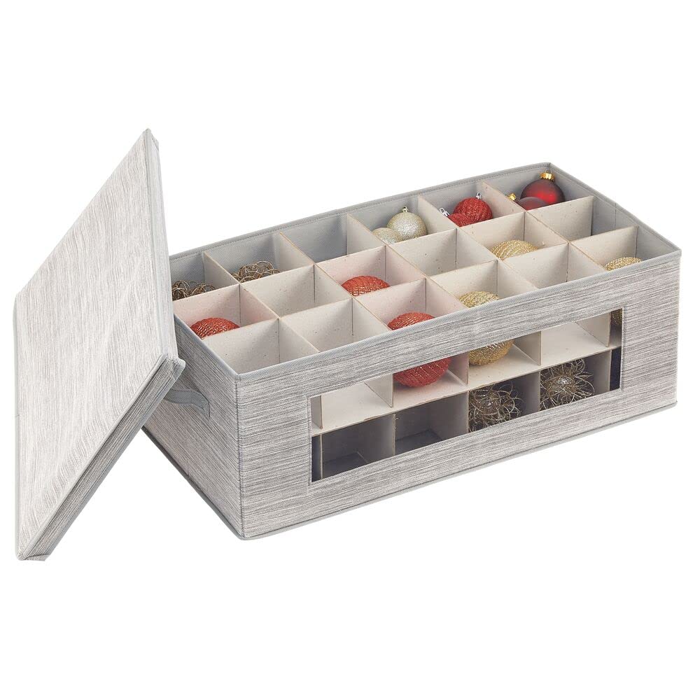 mDesign Large Fabric Storage Box with Lid, Dividers, Front Window - Stackable Storage Organization Containers for Holiday Decorations, Ornament, Wrapping Paper, Lights, Taupe Stripe