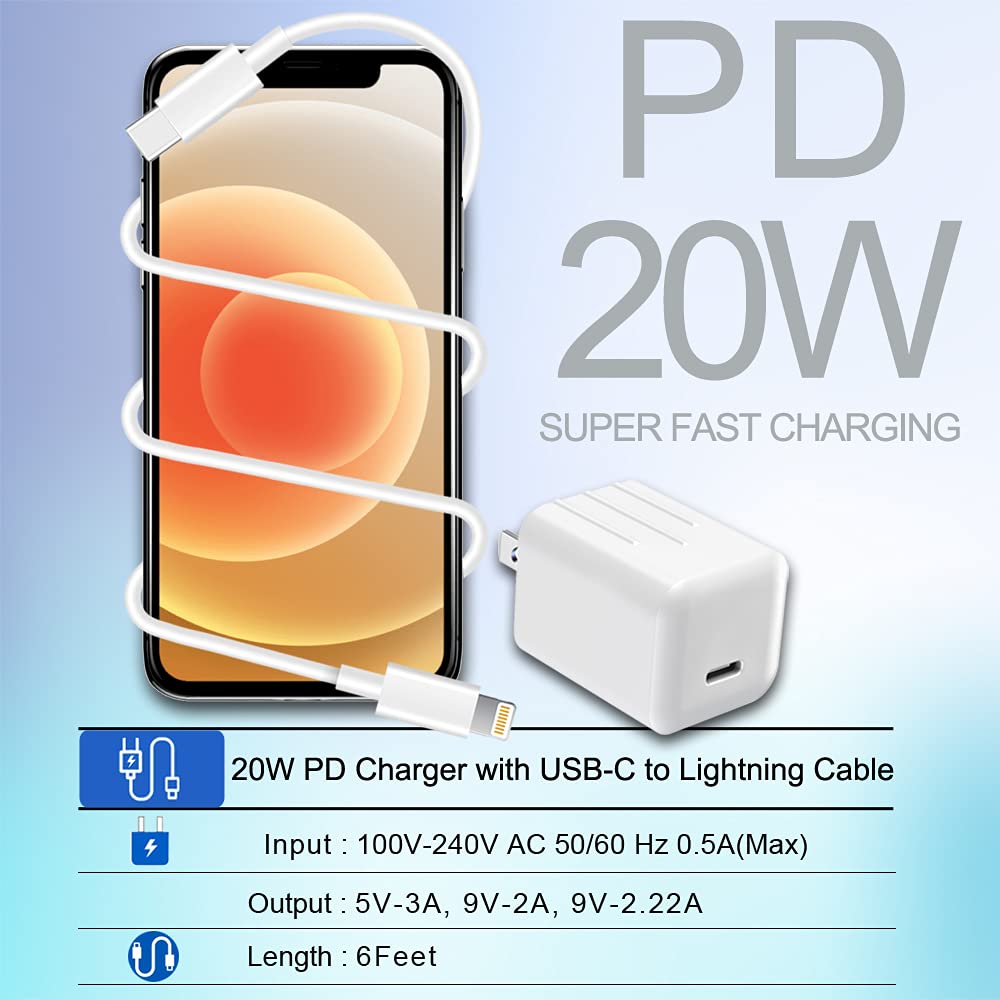 Phone Charger Fast Charging 20W PD Type C Adapter Wall Charger with 6FT USB-C to Lighting Data Cable, Suitable for Phone 14 13 12 11 Plus Pro Max Mini Xs Xr X and Pad
