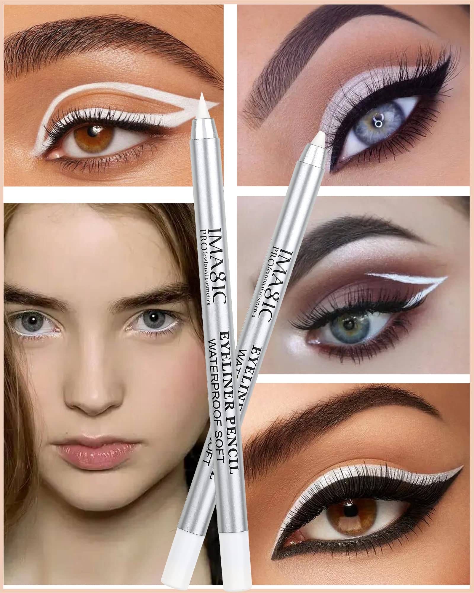 White Waterproof Gel Eyeliner Pens, Highlighter Eye Liner Pencil, Matte Long Lasting Super Smooth formula White Eye Liner Eyeshadow Makeup Pen, Polished White Luster, with Pencil Sharpener-1Pcs