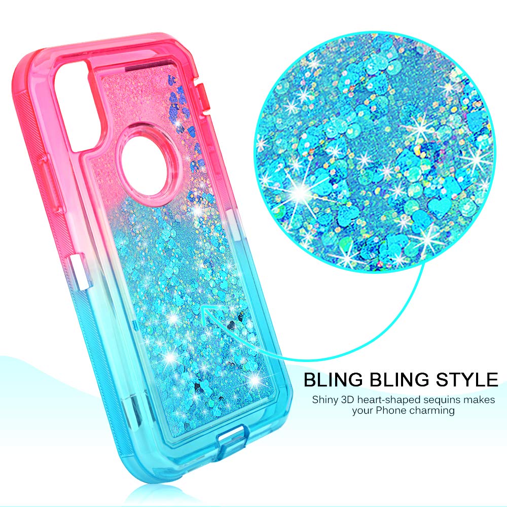 MAXCURY Glitter iPhone XR Case, Defender Flowing 3D Liquid Quicksand Heavy Duty Shockproof Case Hard PC + Gradient TPU Bumper Cover for iPhone XR in 6.1 Inch. (Pink/Blue)