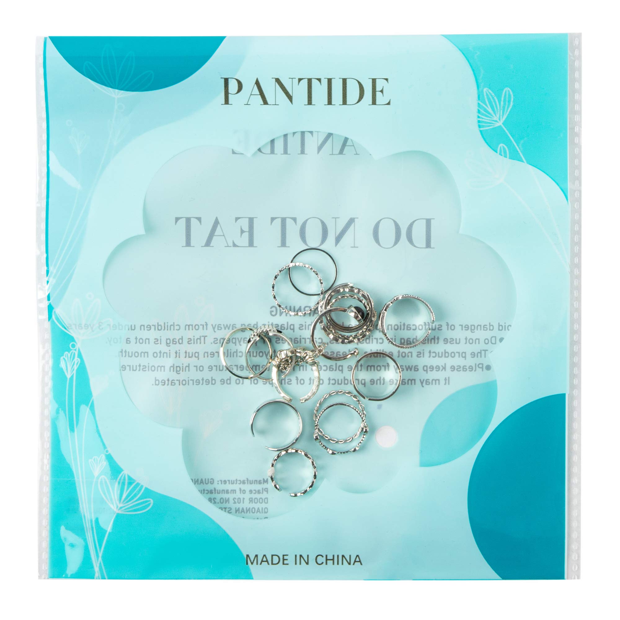 PANTIDE 17Pcs Punk Gothic Rings Set, Vintage Knuckle Rings Set Adjustable Alloy Biker Obsidian Chain Open Rings, Stackable Hollow Carved Finger Rings Midi Rings Joint Jewelry for Women (Silver)