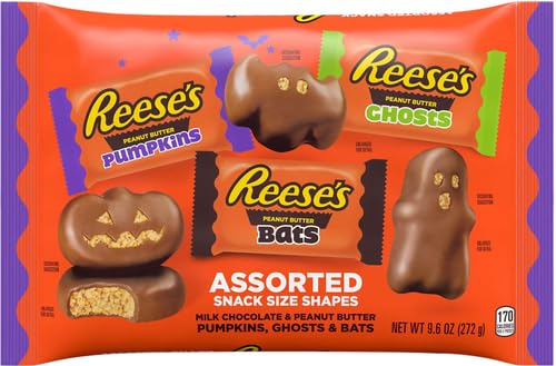 REESE'S Assorted Milk Chocolate Peanut Butter Snack Size Shapes Candy, Halloween, 9.6 oz Variety Bag