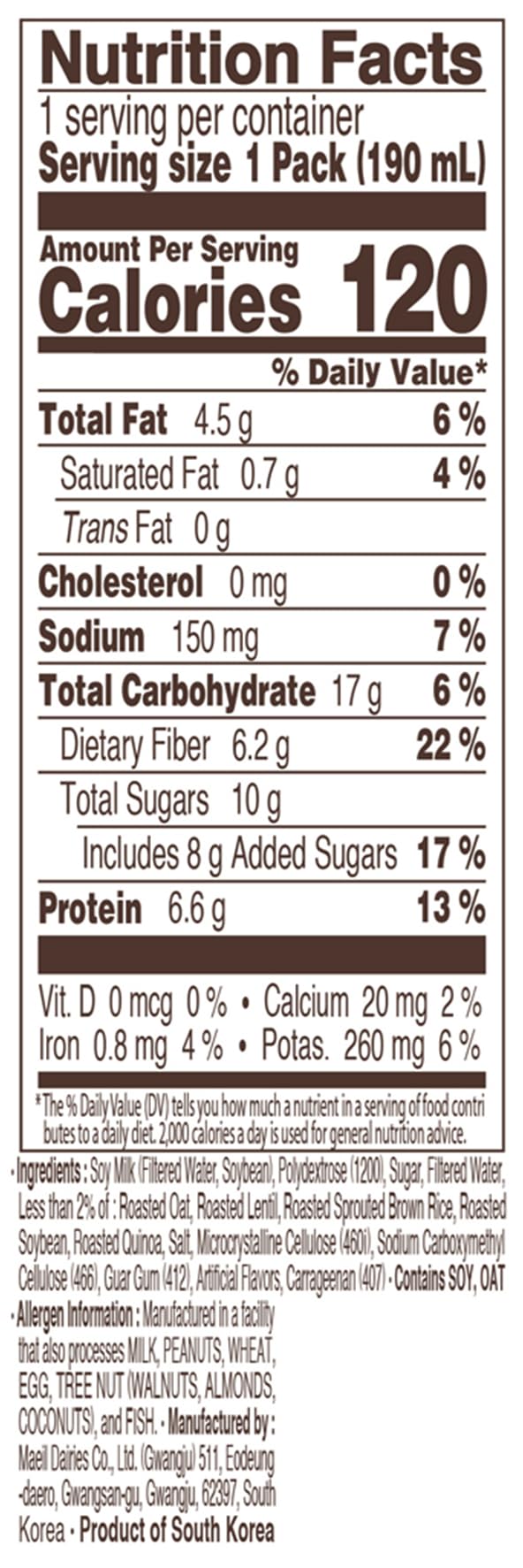 Maeil Soy Milk Original | 6.4FL OZ (190mL) / Unit | 6.6g Plant-Based Protein | 6.2 Dietary Fiber| Dairy Free | 5 Grain | Grab-N-Go | Made in Korea (Original, Pack of 12)
