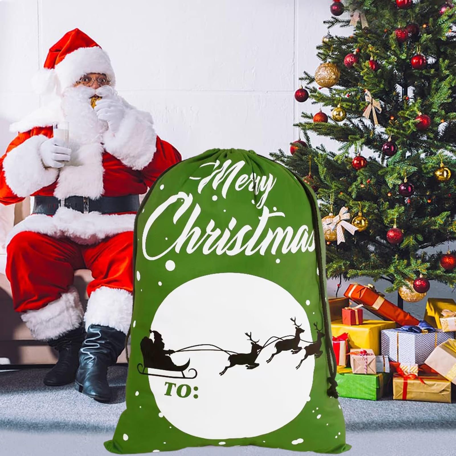 Libcflcc Christmas Party Gift Bag Reusable with Reindeer Sleigh Design Large 70x50cm Size Heavy Duty Washable Cotton Material Festive Drawstring for Holiday Green