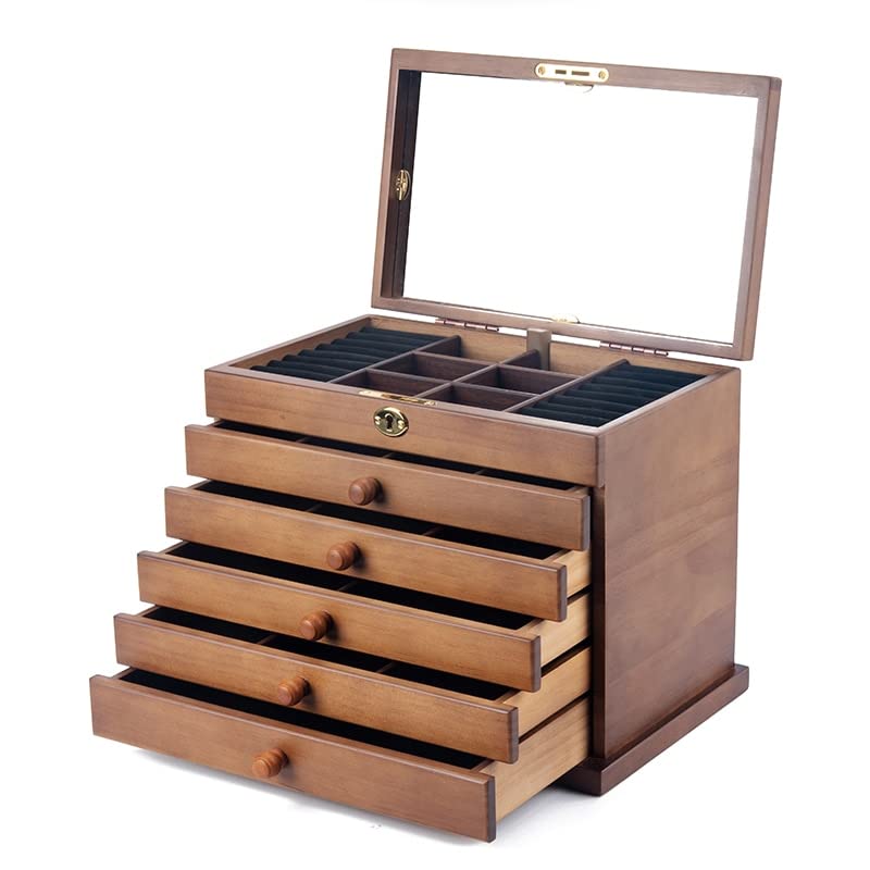 ZZYINH AN207 Solid Wood Six-Layer Jewel Box Large Capacity with Lock Retro Eardrop Earrings Necklace Jewelry Gift Small Jewelry (Color : Black)