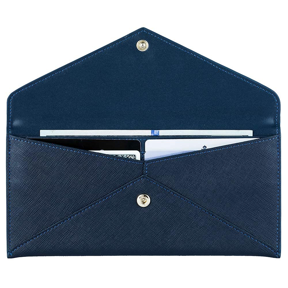 YBONNE Women's Long Wallet RFID Blocking Envelope Purse, Made of Saffiano Leather (Dark Blue)