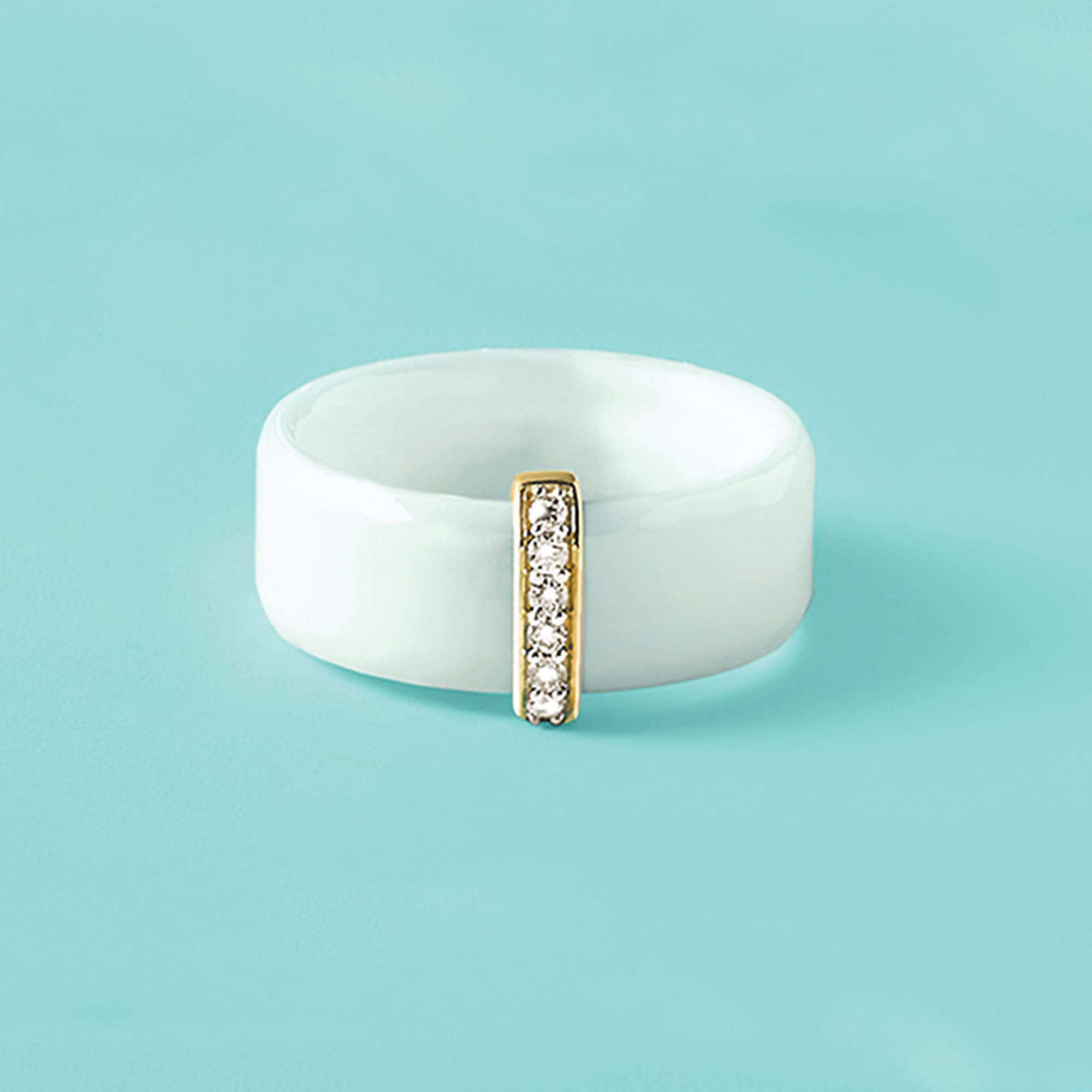 Ross-Simons White Ceramic and .10 ct. t.w. Diamond Ring With 14kt Yellow Gold. Size 10