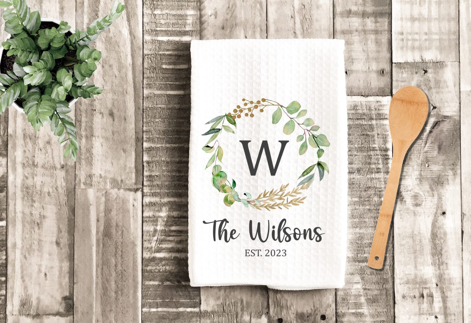 Personalized Wreath Monogram Tea Towel, Waffle Weave Tea Towel, Housewarming Gift, Farmhouse Decor, Wedding Gift