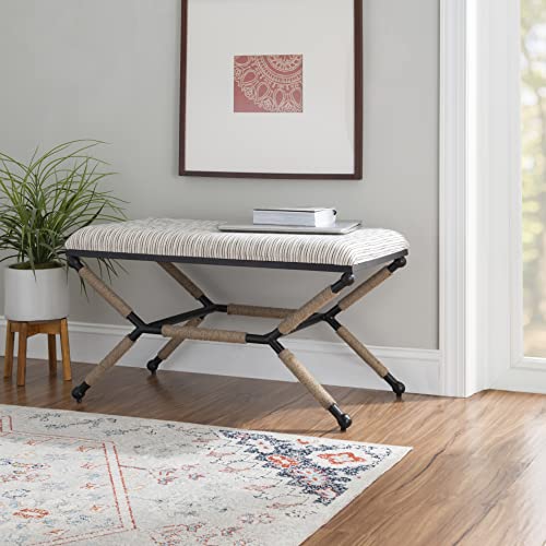 Linon Upholstered Seat Farrow Metal Campaign Bench, Black/White Striped