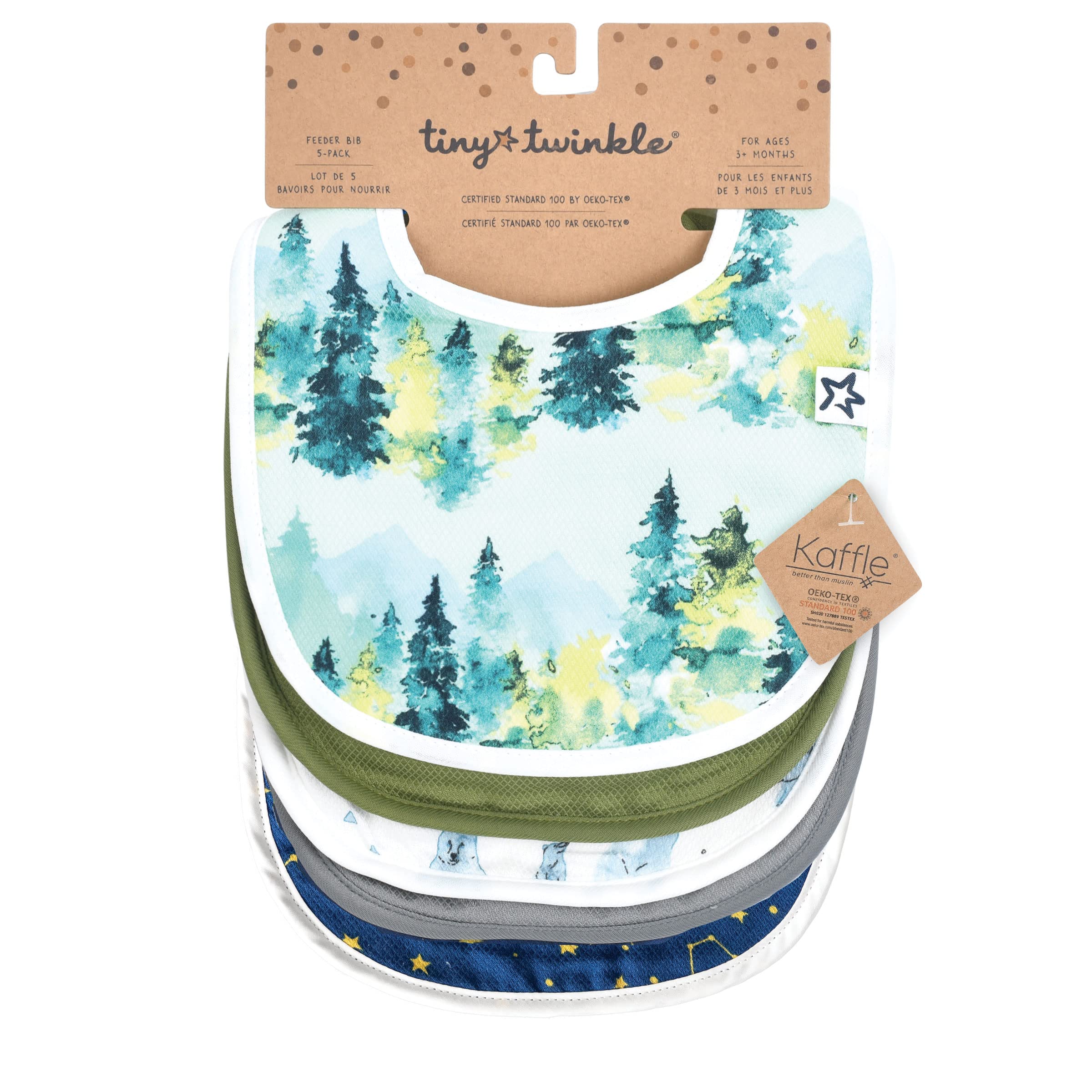 Tiny Twinkle Baby Feeding Bibs 5 Pack Set - Absorbent and Waterproof Baby Bibs for Feeding Infants (Forest 5-Pack)