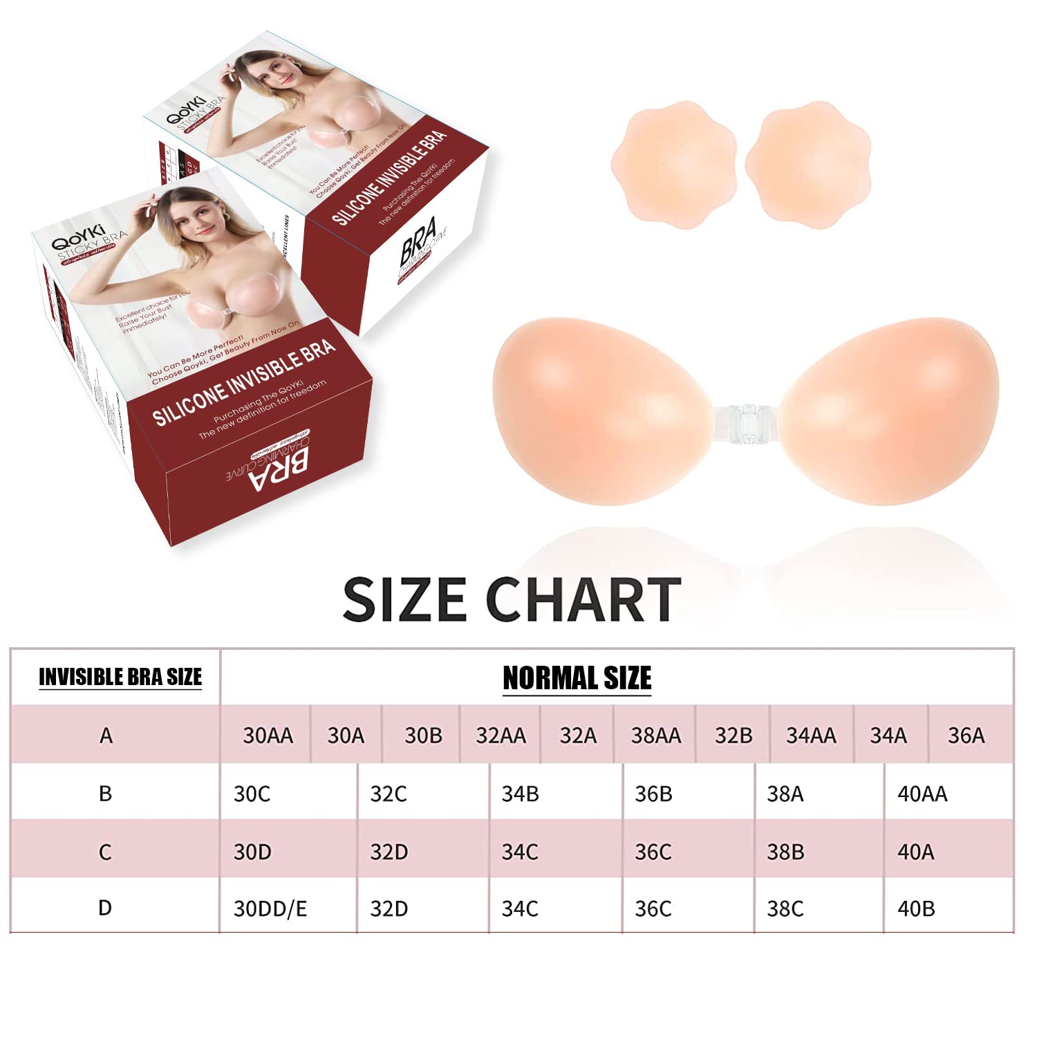 Makita Adhesive Bra Strapless Sticky Invisible Push up Silicone Bra for Backless Dress with Nipple Covers Sticky Bra, Pink, D