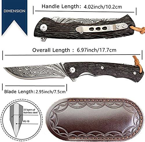 Sitivien ST218 Damascus Steel Folding Knife, VG10 Core Blade and Ebony Wood Handle Knife,EDC Tool Knife for Outdoor Camping Hiking Survival