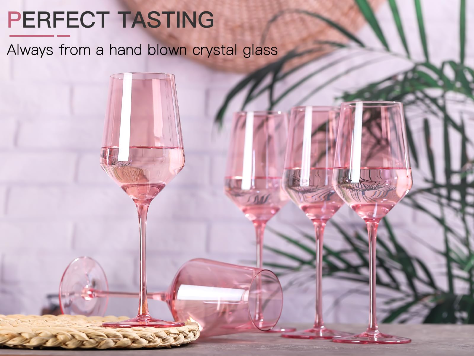 Pink Crystal Wine Glass Set of 6 - Hand-Blown Long Stem Wine Glasses, Unique Wine Glasses Gift For Wine Lovers, Dinner, Party, Wedding