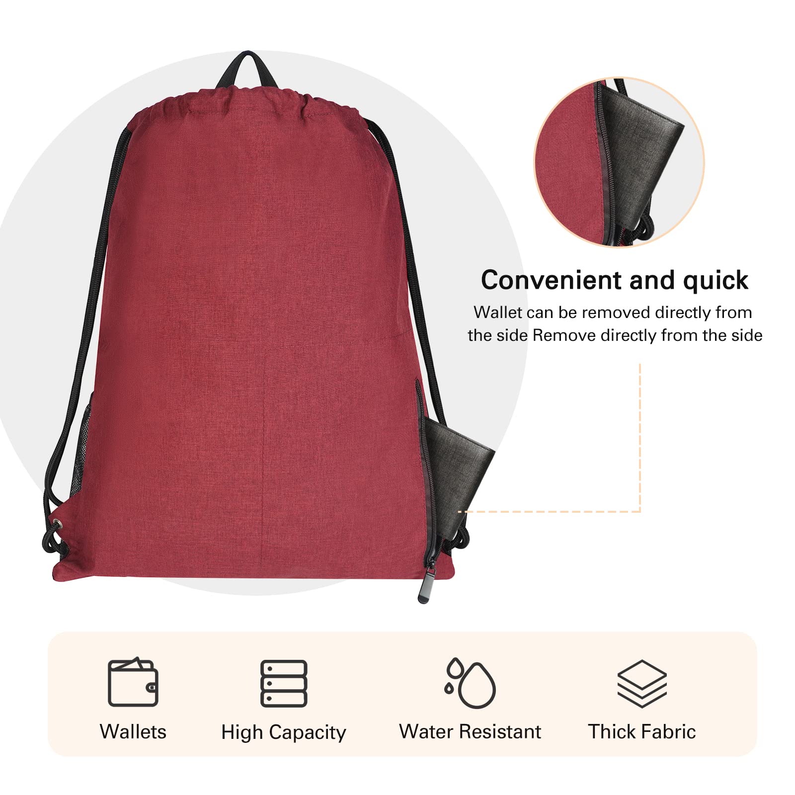 Noozion Drawstring Backpack with Mesh Pockets Sport Gym String Bag Large Sackpack Water Resistant for Women Men