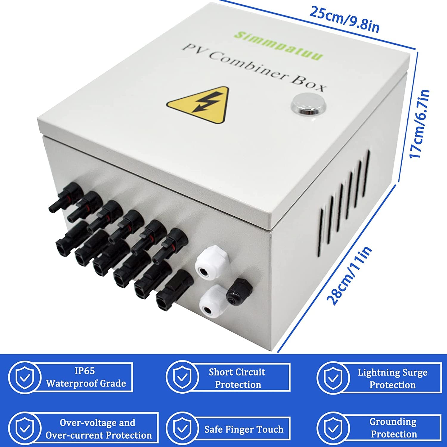 PV Combiner Box, 6 String Waterproof Solar Combiner Box with Circuit Breaker LED, 10A Rated Current Fuse with Lightning Arrester and 63A DC Breaker Solar Connector for On/Off Grid Solar Panel System
