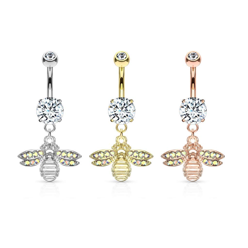 Pierced Owl 14GA 316L Stainless Steel Bumble Bee with AB Crystal Paved Wings Double Jeweled Dangling Belly Button Ring (Gold Tone)