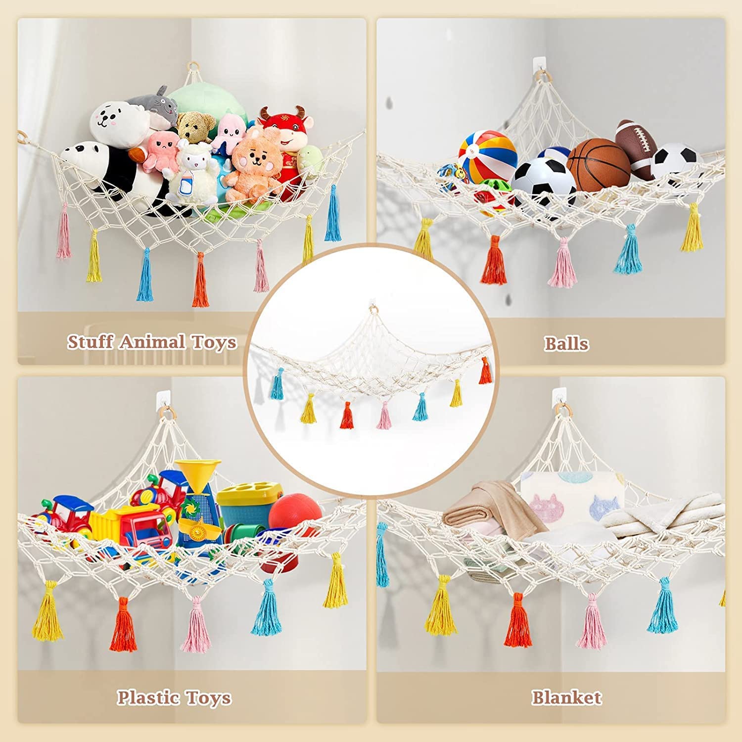 XIAOLAN Boho Stuffed Dolls Hammock Hanging Plush Toy Holder Boho Cotton Macrame Tassels Wall Storage Suitable for Bedroom Nursery
