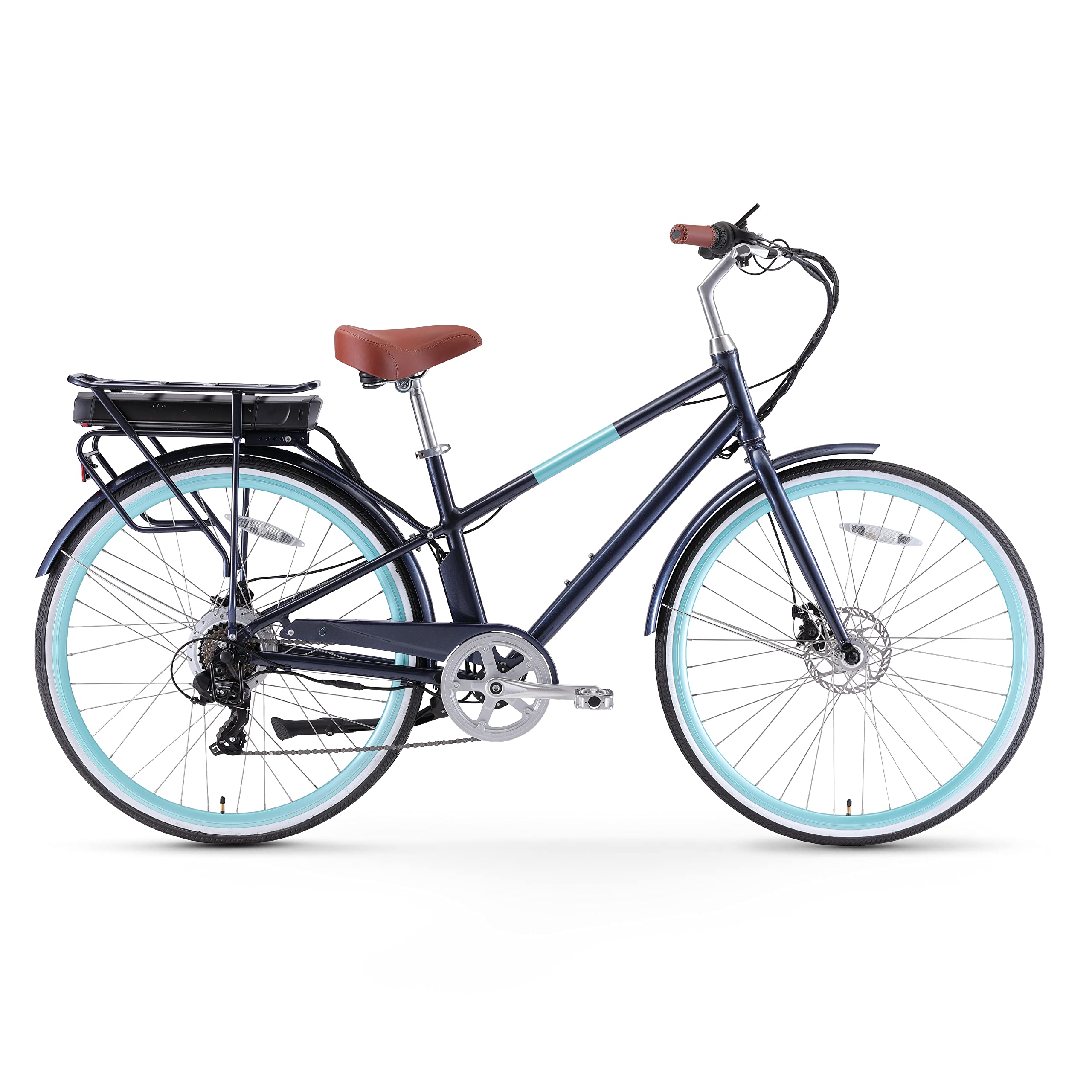 sixthreezero Reach Your Destination Women's Electric Bike, 7 Speed Hybrid Road eBike Bicycle with Rear Rack, 500 Watt Motor, 26 Inch Wheels, Navy