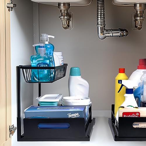 Nestorium Under Sink Organizer, Metal Pull Out Cabinet Organizer 2 Tier Slide Out Under Kitchen Sink Organizer, Cabinet Organizer with Sliding Drawer for Kitchen, Bathroom, Desk, Laundry (14.2*10.6)