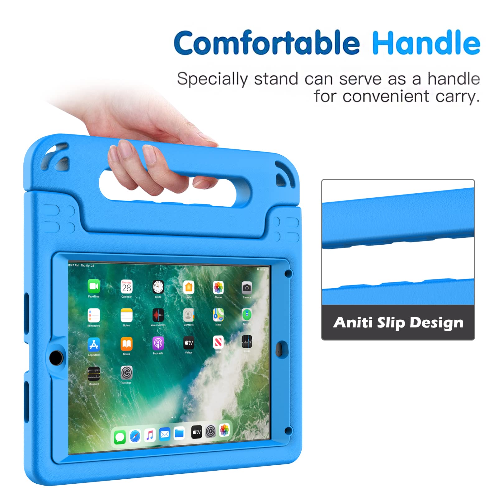 TIRIN 9.7-Inch Case, Kids Case for iPad 6th/5th Generation 2018/2017, iPad Air 1/2 & iPad Pro 9.7 Case with Built-in Screen Protector, Durable Shockproof Protective Cover with Convenient Handle, Blue