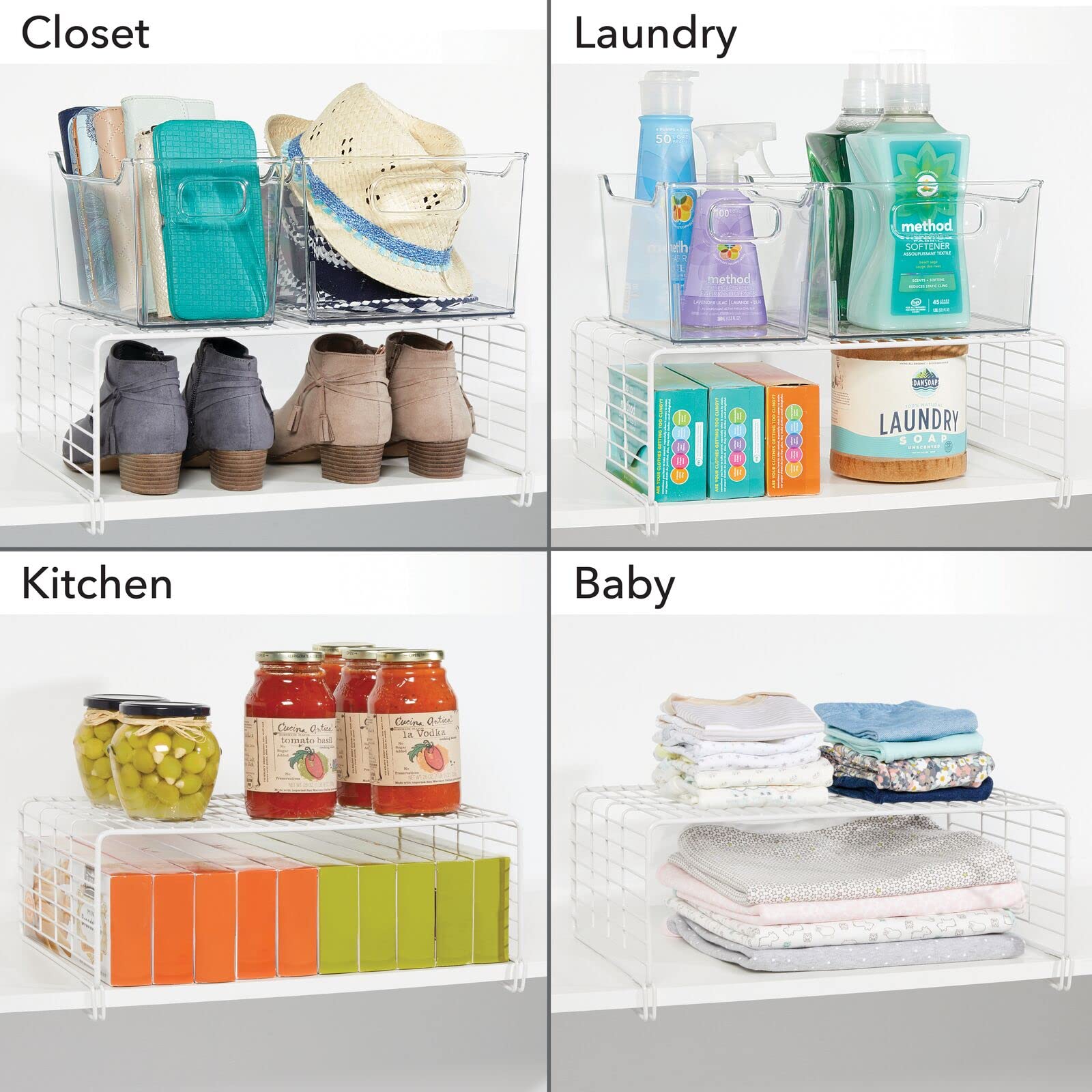 mDesign Modern Versatile Metal Closet, Cabinet Organizer Storage 2-Tier Shelf Divider and Separator for Bedrooms, Bathrooms, Entryways, Hallways, Kitchen Pantry, Office - Easy Install, 2 Pack - White