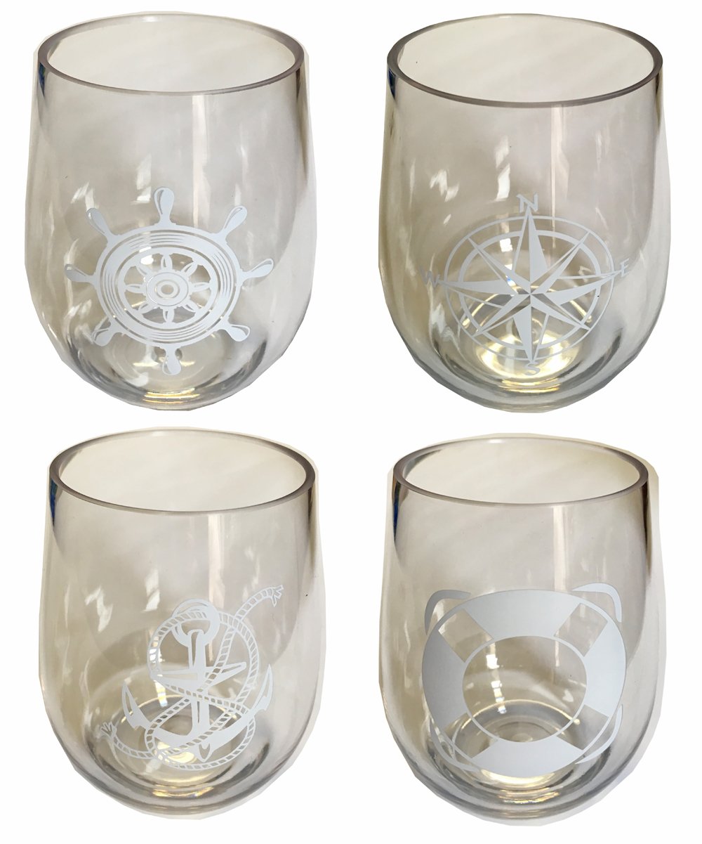 SET OF 4 -Stemless Boat Wine Glasses-Nautical Themed, Plastic, 16oz, Pool Wine Glasses, Shatter Proof Drinking Glasses for Wine or Cocktails