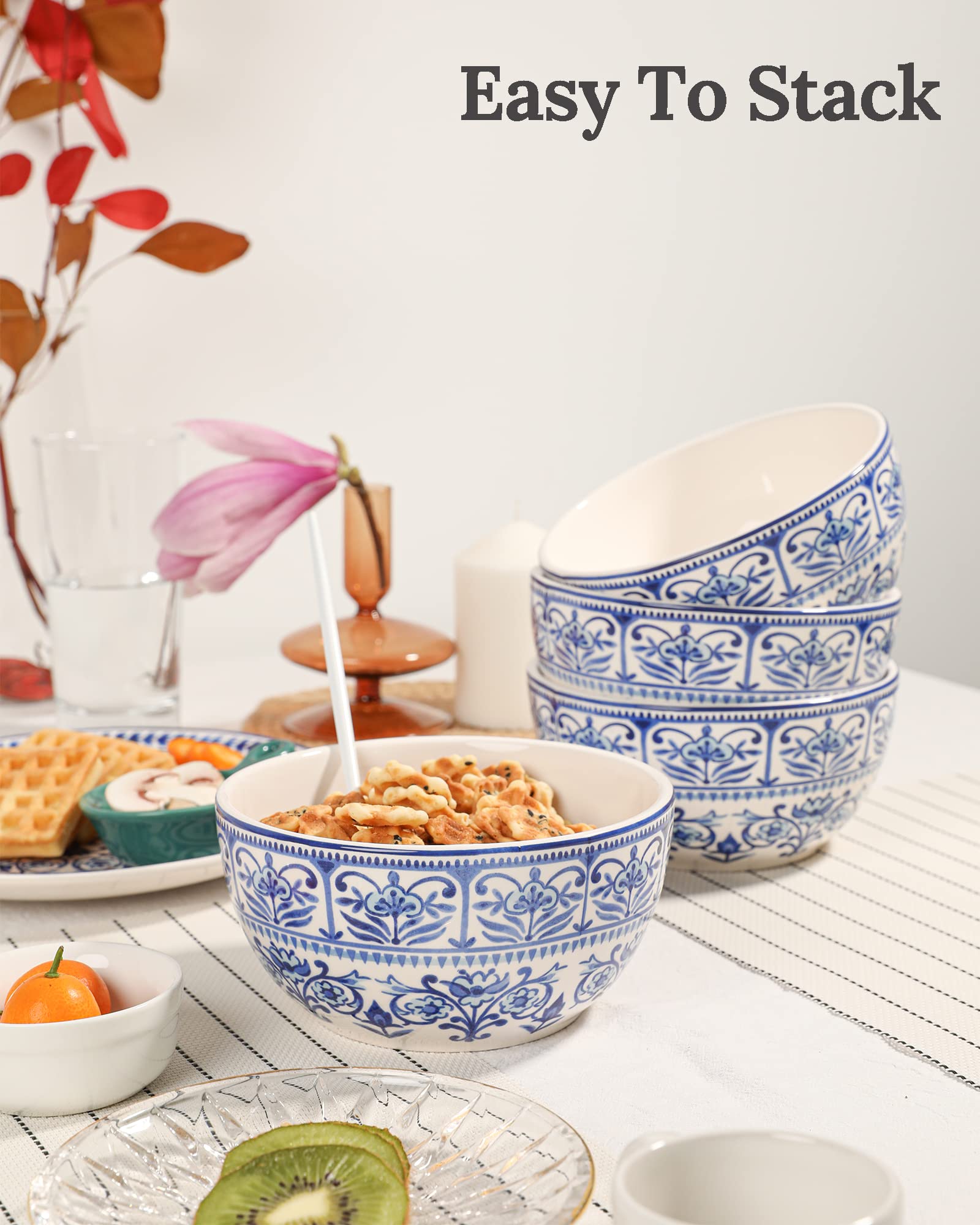 Sonemone Blue Cereal Bowls for Kitchen, 26oz Ceramic Bowls Set of 4 for Cereal, Salad, Soup, Pasta, Dessert, Microwave & Dishwasher Safe