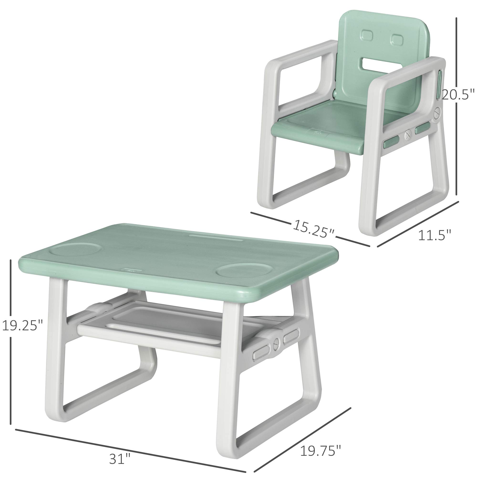 Qaba 3-Piece Kids Table and Chair Set Writing Desk with Armrest, Storage Space for Toddler Activities, Green