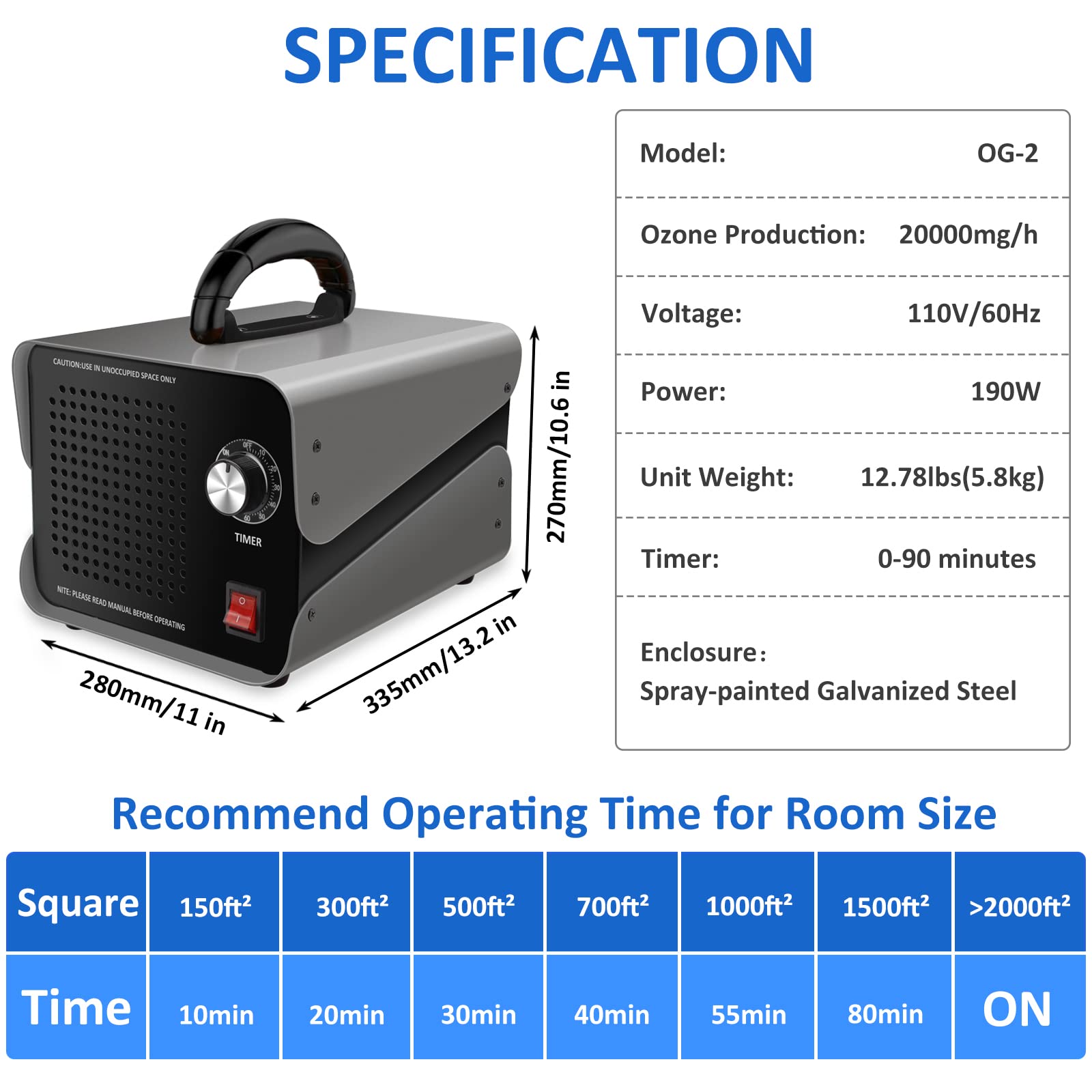 TISKY Commercial Ozone Machine, 20,000 mg/h for Car Smoke, Thickened Housing and Large Space Clean for Home, Room, Basement(Gray)