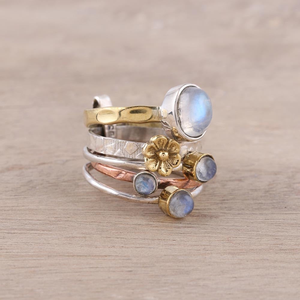 NOVICA Artisan Handmade Rainbow Moonstone Cocktail Ring Mixed Metals Floral from India Copper .925 Sterling Silver Brass Clear Multi Gemstone 'Rain Flowers'