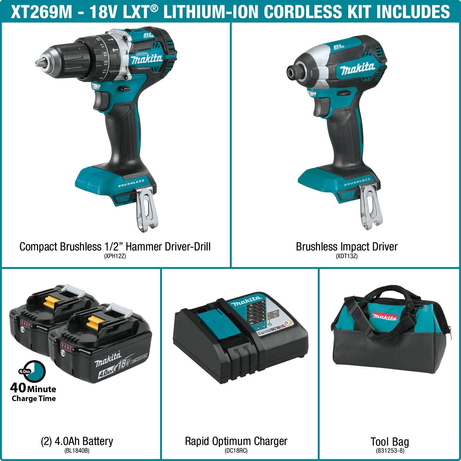 Makita XT269M 18V LXT Lithium-Ion Brushless Cordless 2-Pc. Combo Kit (4.0Ah) with XMT03Z 18V LXT Lithium-Ion Cordless Multi-Tool