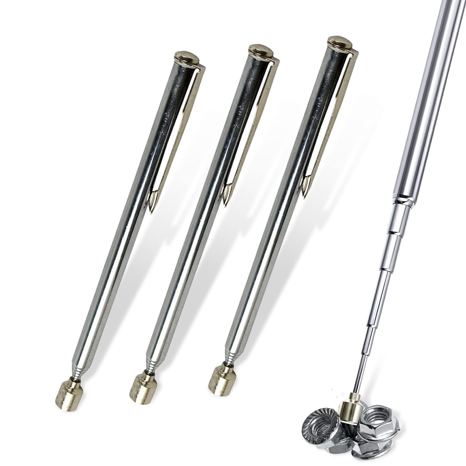 Yonput 4 PCS Telescoping Magnet Pickup Tools Magnetic Grabbers with Pocket Clip Telescopic Retrieving Magnet for Screws Nuts Pins for Men Father's Birthday Day Thanksgiving and Christmas (Silver)