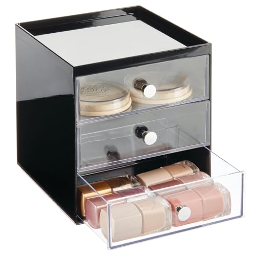 mDesign Plastic 3-Drawer Organizer for Makeup Storage - 3-Tier Storage Organizer - Stackable Organization with Pull-Out Drawers for Bathroom, Vanity, or Desk - Lumiere Collection, White/Clear