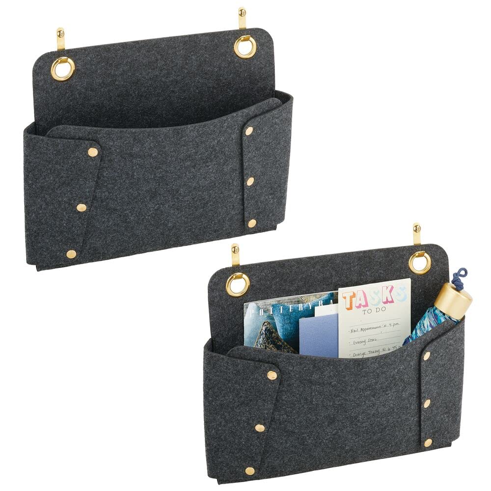 mDesign Soft Felt Over the Door Hanging Storage Organizer for Closets in Bedrooms, Hallway, Entryway, Mudroom - Hooks Included - Textured Print, 2 Pack - Dark Gray/Gold