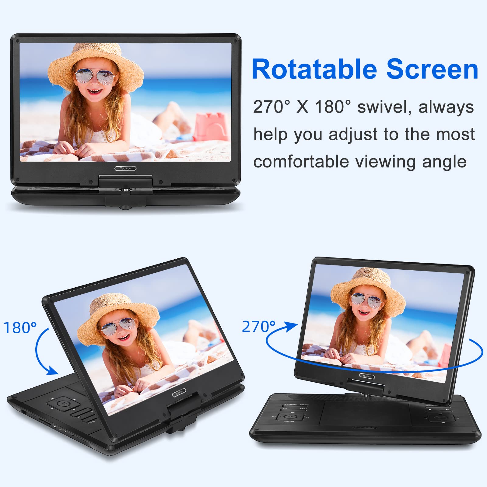 YOOHOO 16.9" Portable DVD Player with 14.1" Swivel HD Large Screen, DVD Player Portable with 6Hrs Playtime, Last Memory, Support USB/SD Card/Sync TV, Region-Free, Support Multiple Discs, Black