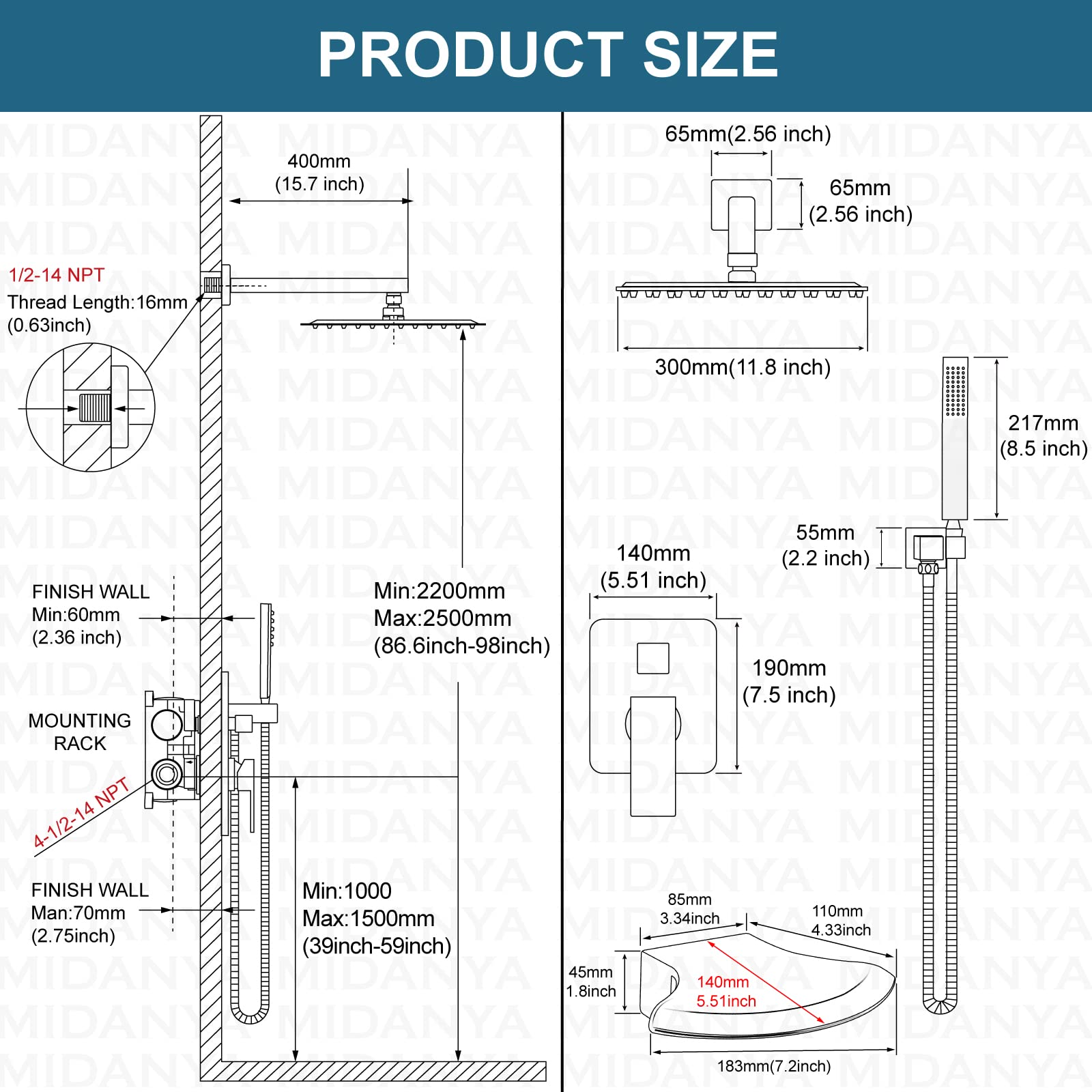 Midanya Rain Shower System Tub Shower Faucet Set Square Rainfall Shower Head with Handheld Sprayer and Waterfall Tub Spout Combo,Wall Mount Shower kit,Matte Black 12 Inch