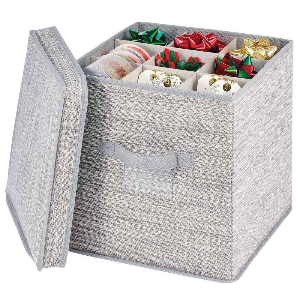 mDesign Square Gift-Wrap and Ornament Storage Box with Handles, Holder Container for Christmas and Holiday Decorations - Removable Lid, Closet and Cubby Storage Totes, 2 Pack - Stripe - Taupe/Tan