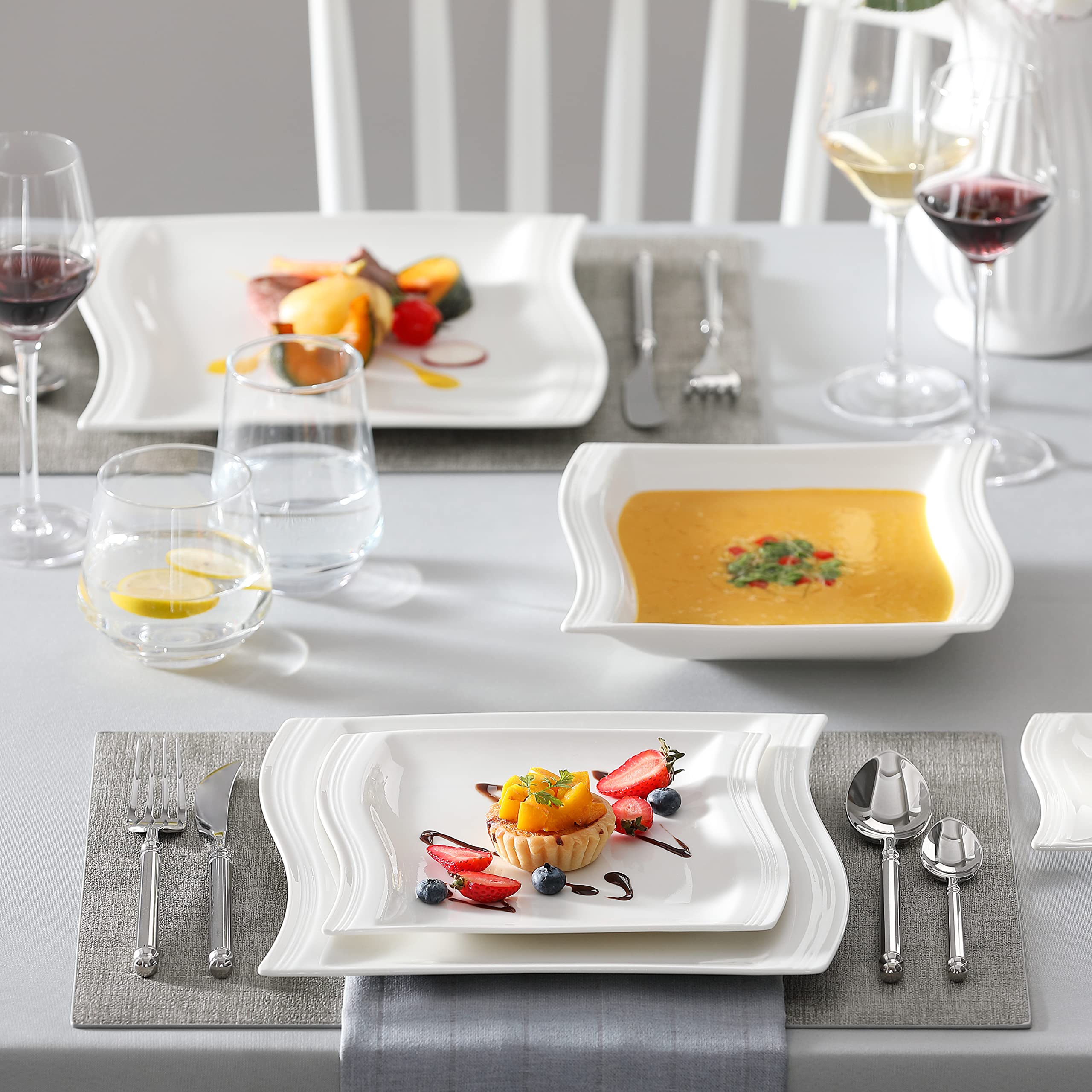 MALACASA Plates and Bowls Sets, 36-Piece Ivory White Square Dinnerware Sets for 6, Porcelain Kitchen Plate Bowl Set, Dishes, Cup and Saucer Set, Modern Dinnerware Set, Series Flora