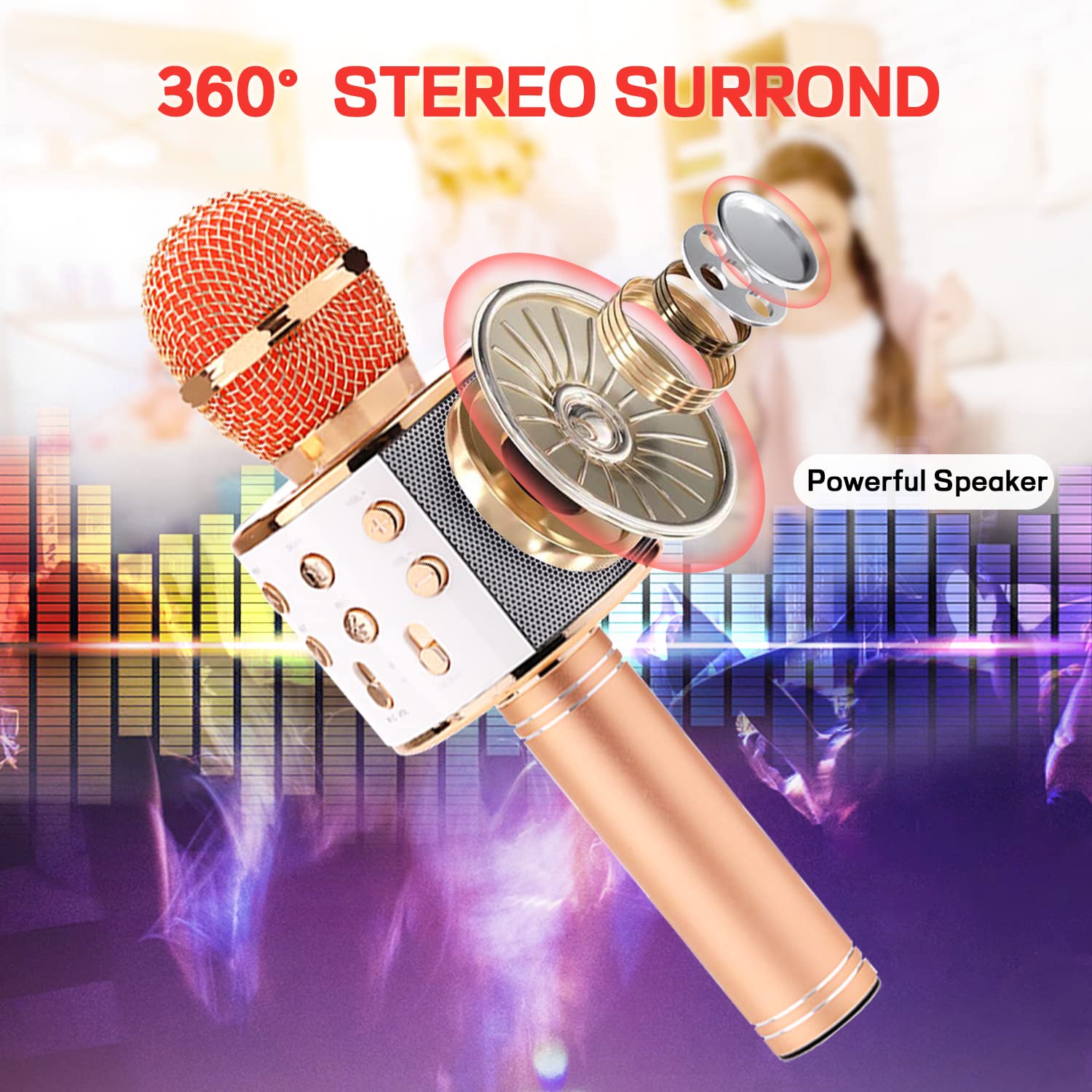 SJPRO 4 in 1 Portable Karaoke Microphone for Kids, Handheld Home Party Microphone with Magic Voice, Best Birthday for Kids, Suitable Android/iPhone PC and All Smartphone(Rose Gold)