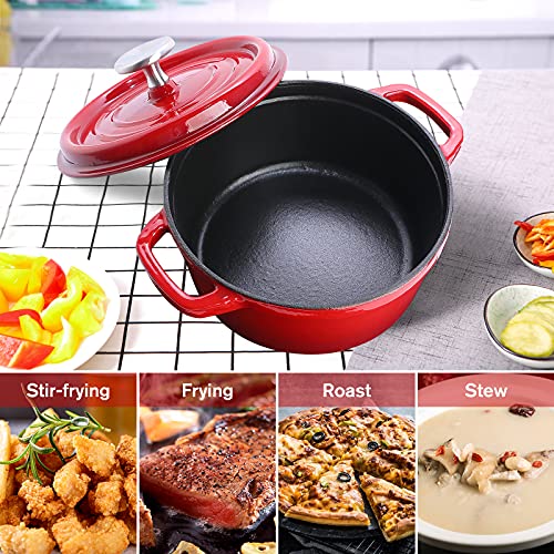 Puricon 4.9 QT Non-Stick Enameled Cast Iron Dutch Oven with Lid, 4.9 Quart Round Enamel Cast Iron Skillet with Loop Handles -Red