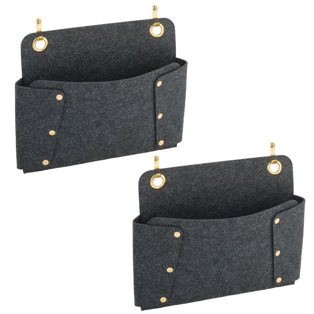 mDesign Soft Felt Over the Door Hanging Storage Organizer for Closets in Bedrooms, Hallway, Entryway, Mudroom - Hooks Included - Textured Print, 2 Pack - Dark Gray/Gold
