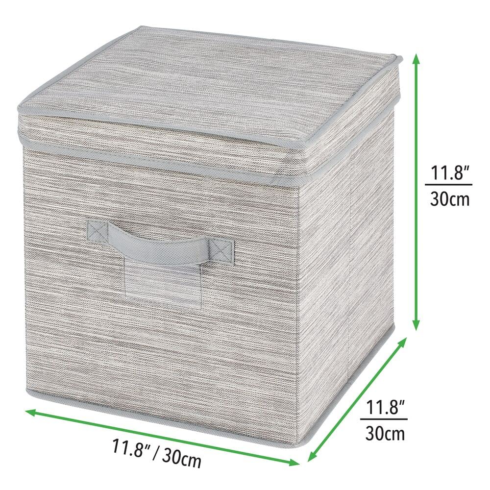 mDesign Square Gift-Wrap and Ornament Storage Box with Handles, Holder Container for Christmas and Holiday Decorations - Removable Lid, Closet and Cubby Storage Totes, 2 Pack - Stripe - Taupe/Tan