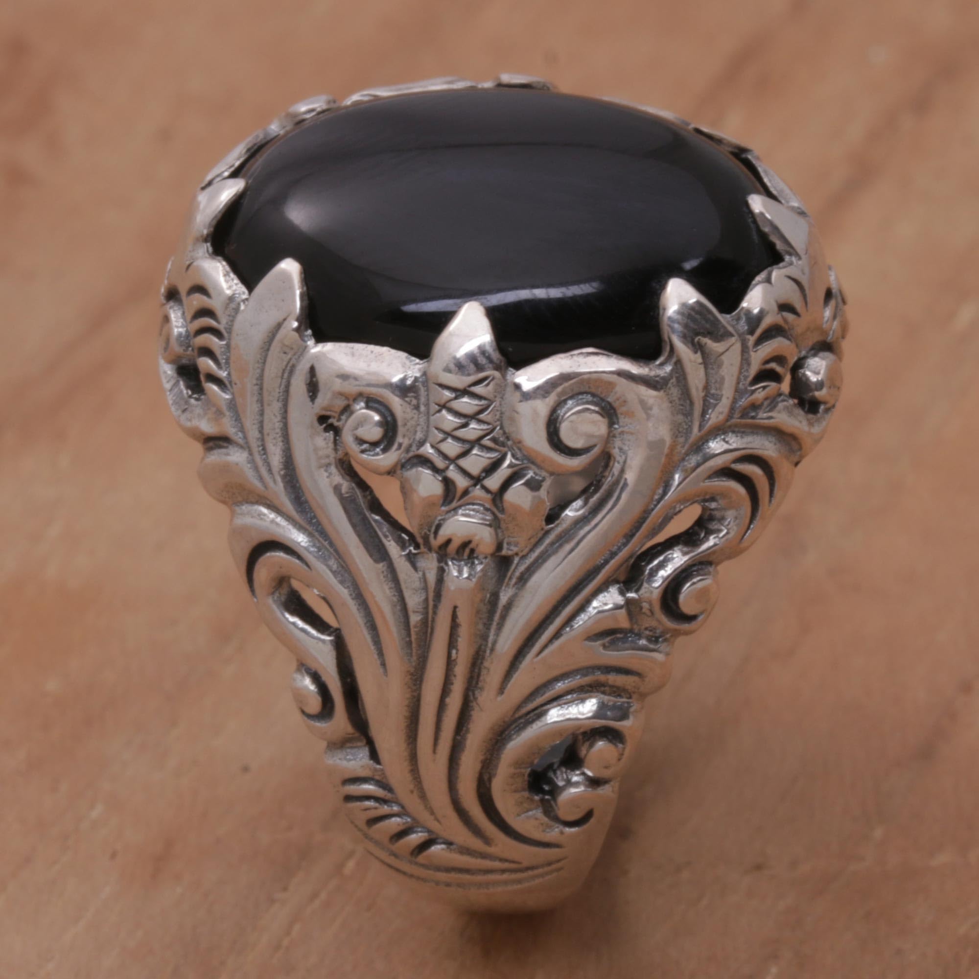 NOVICA Artisan Handcrafted .925 Sterling Silver Onyx Cocktail Ring from Bali Black Indonesia Birthstone 'Dark Forest'