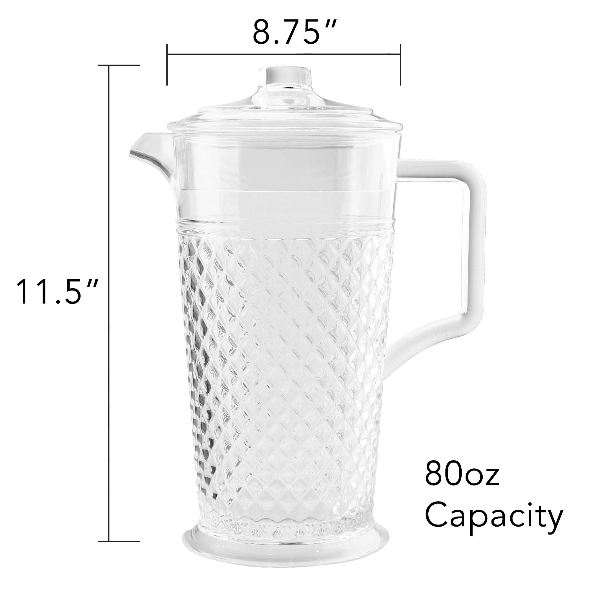 PG Acrylic Water Pitcher - 80oz Clear Plastic Pitcher With Lid, Shatterproof, Ideal for Iced Tea, Lemonade, Sangria, Drinks and Cocktails