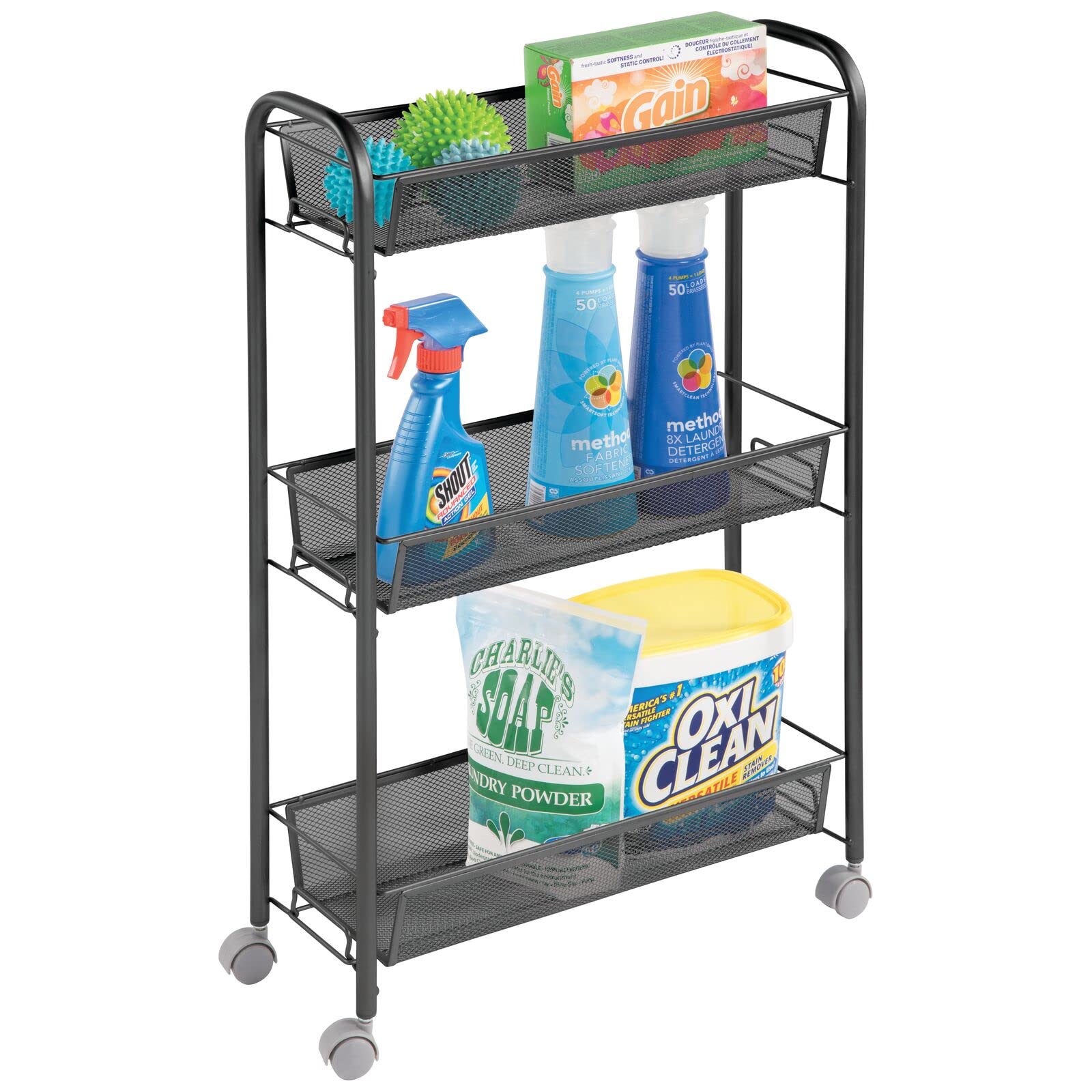 mDesign Steel Rolling Utility Cart Storage Organizer Trolley with 3 Basket Shelves for Laundry Room, Mudroom, Garage, Bathroom Organization - Holds Detergents, Hand Soap - Biro Collection, Light Pink