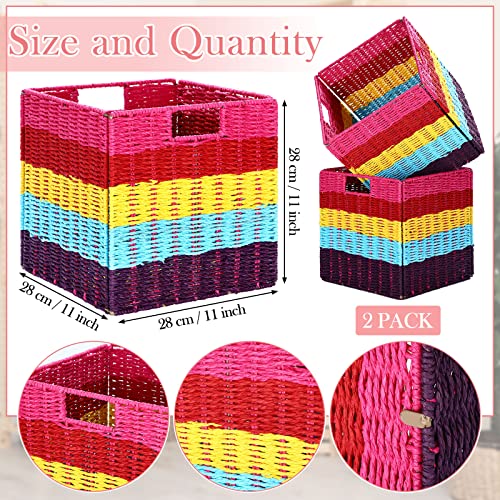 Panelee 2 Pcs Wicker Storage Basket Handwoven Wicker Baskets Foldable Cube Storage Bins with Handles, Large Wicker Square Wicker Storage Baskets for Shelves Pantry, Iridescent 11 x 11 Inch