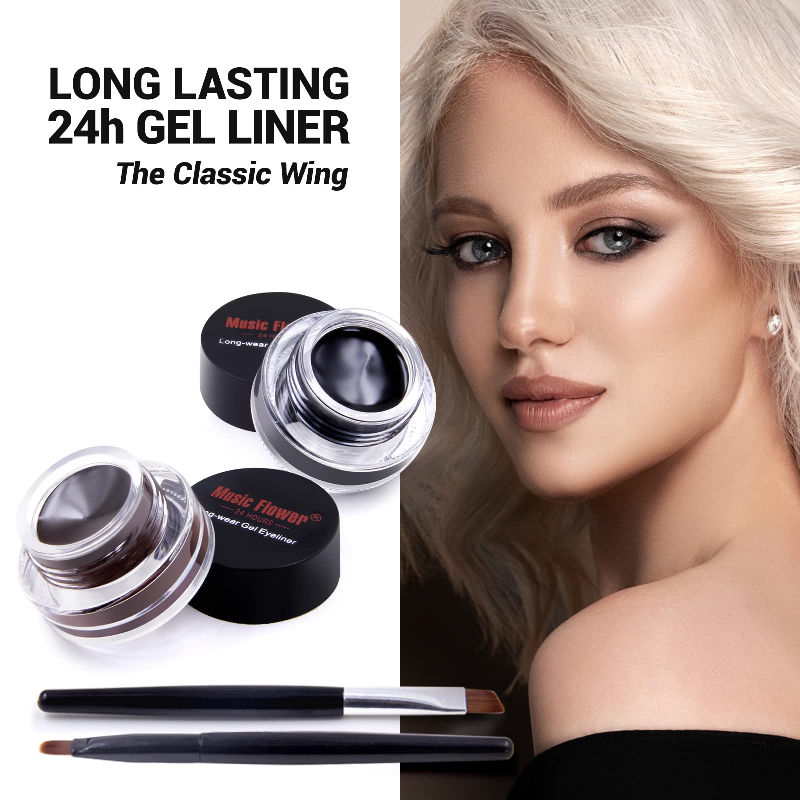 Music Flower Gel Eyeliner, Black and Brown Eyeliner Waterproof Long Lasting Smudge Proof Gel Liner with 2 Brushes, Easy to Eye Makeup and Remove, 3 g, Pack of 2